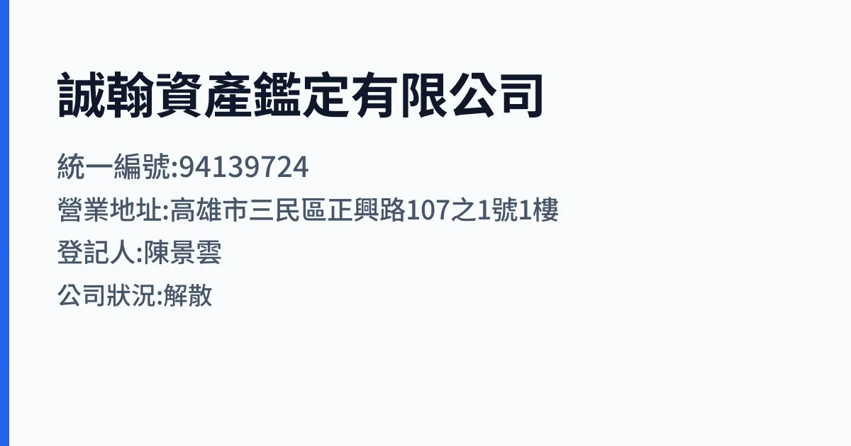 誠翰資產鑑定有限公司 - 統編 94139724(高雄市) 公司登記資料與營業項目詳細圖表