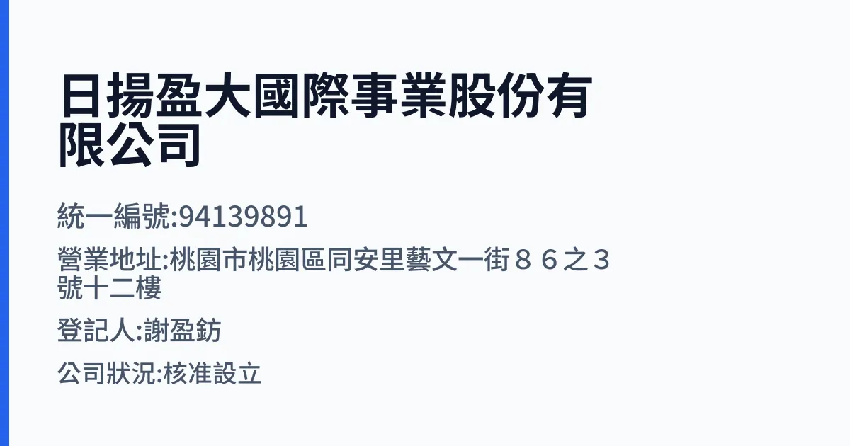 日揚盈大國際事業股份有限公司 - 統編 94139891(桃園市) 公司登記資料與營業項目詳細圖表