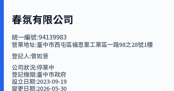 春氛有限公司的照片-統編 94139983(臺中市) 公司登記資料與營業項目詳細圖表