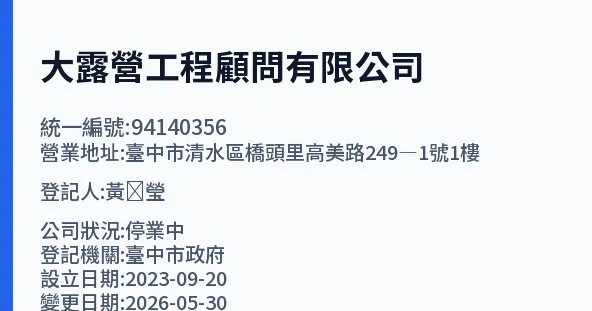 大露營工程顧問有限公司的照片-統編 94140356(臺中市) 公司登記資料與營業項目詳細圖表