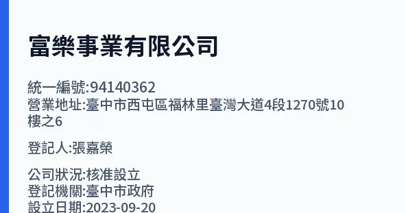 富樂事業有限公司的照片-統編 94140362(臺中市) 公司登記資料與營業項目詳細圖表