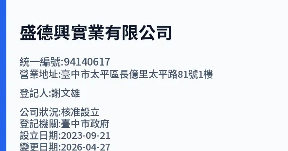 盛德興實業有限公司的照片-統編 94140617(臺中市) 公司登記資料與營業項目詳細圖表