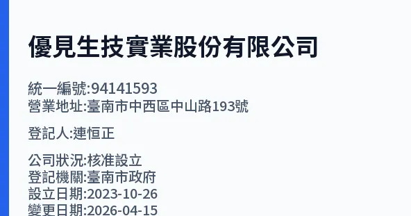 優見生技實業股份有限公司的照片-統編 94141593(臺南市) 公司登記資料與營業項目詳細圖表