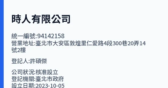 時人有限公司的照片-統編 94142158(臺北市) 公司登記資料與營業項目詳細圖表