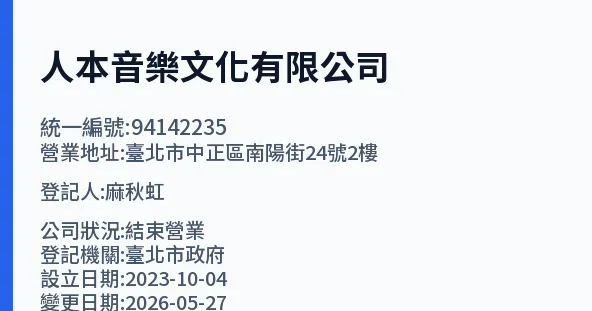 人本音樂文化有限公司的照片-統編 94142235(臺北市) 公司登記資料與營業項目詳細圖表