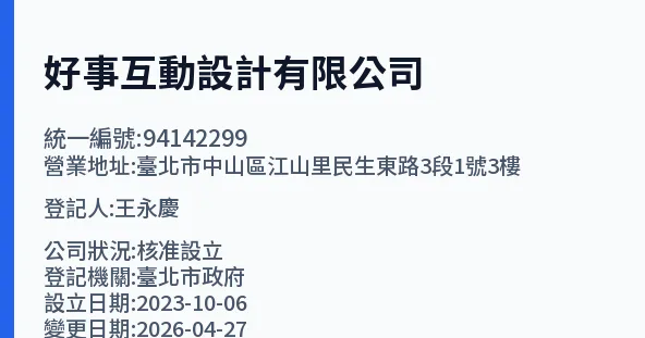 好事互動設計有限公司的照片-統編 94142299(臺北市) 公司登記資料與營業項目詳細圖表