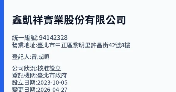 鑫凱祥實業股份有限公司的照片-統編 94142328(臺北市) 公司登記資料與營業項目詳細圖表