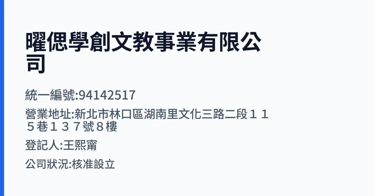 曜偲學創文教事業有限公司 - 統編 94142517(臺北市) 公司登記資料與營業項目詳細圖表