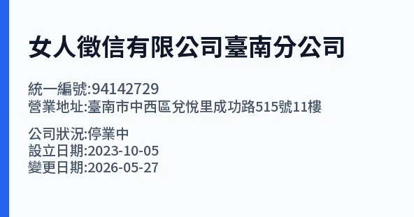 女人徵信有限公司臺南分公司的照片-統編 94142729(臺南市) 公司登記資料與營業項目詳細圖表