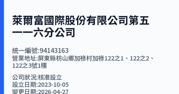 萊爾富國際股份有限公司第五一一六分公司的照片-統編 94143163(屏東縣) 公司登記資料與營業項目詳細圖表