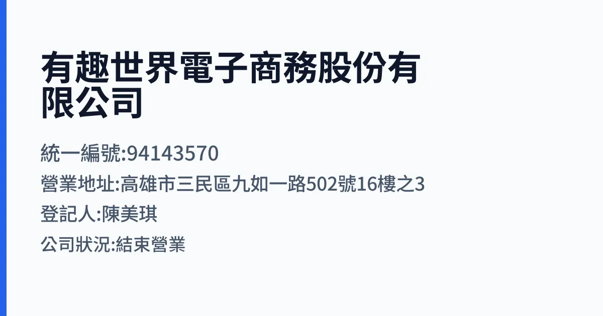 有趣世界電子商務股份有限公司 - 統編 94143570(高雄市) 公司登記資料與營業項目詳細圖表