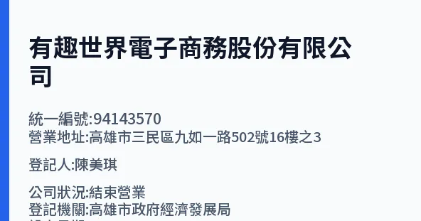 有趣世界電子商務股份有限公司的照片-統編 94143570(高雄市) 公司登記資料與營業項目詳細圖表