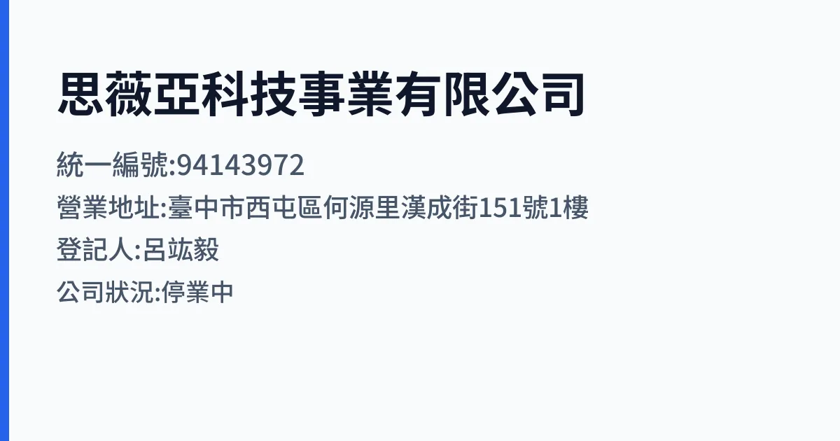 思薇亞科技事業有限公司 - 統編 94143972(臺中市) 公司登記資料與營業項目詳細圖表