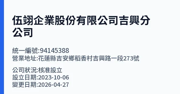 伍翊企業股份有限公司吉興分公司的照片-統編 94145388(花蓮縣) 公司登記資料與營業項目詳細圖表