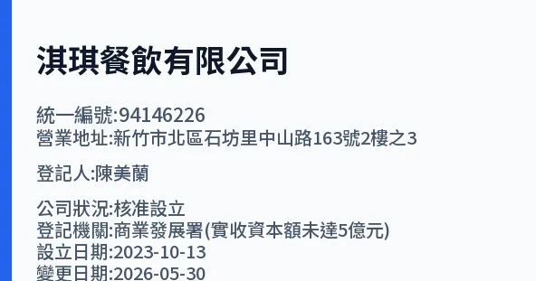 淇琪餐飲有限公司的照片-統編 94146226(新竹市) 公司登記資料與營業項目詳細圖表