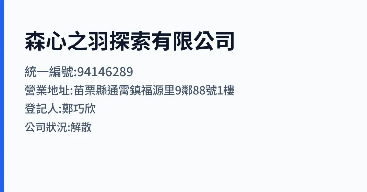 森心之羽探索有限公司 - 統編 94146289(苗栗縣) 公司登記資料與營業項目詳細圖表