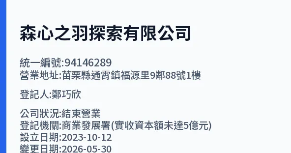 森心之羽探索有限公司的照片-統編 94146289(苗栗縣) 公司登記資料與營業項目詳細圖表