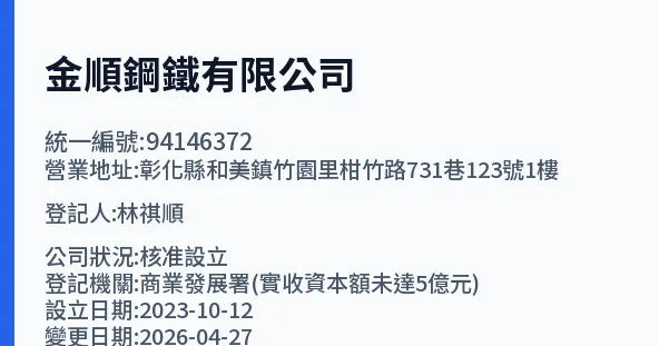 金順鋼鐵有限公司的照片-統編 94146372(彰化縣) 公司登記資料與營業項目詳細圖表