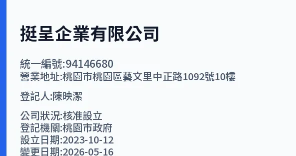 挺呈企業有限公司的照片-統編 94146680(桃園市) 公司登記資料與營業項目詳細圖表