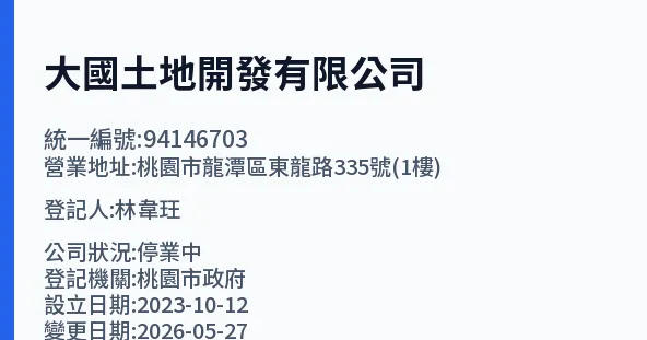 大國土地開發有限公司的照片-統編 94146703(桃園市) 公司登記資料與營業項目詳細圖表