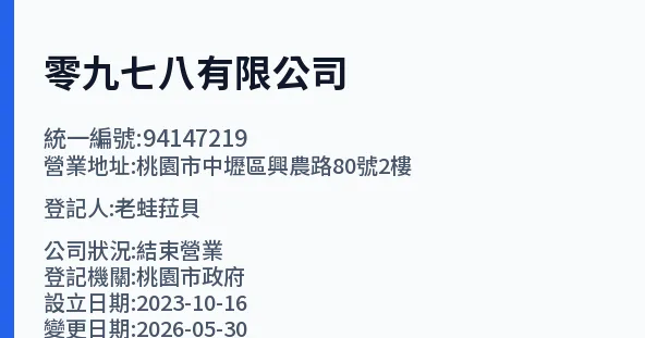 零九七八有限公司的照片-統編 94147219(桃園市) 公司登記資料與營業項目詳細圖表