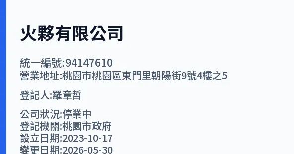 火夥有限公司的照片-統編 94147610(桃園市) 公司登記資料與營業項目詳細圖表