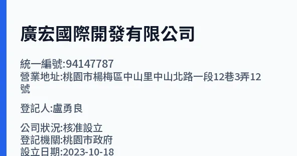 廣宏國際開發有限公司的照片-統編 94147787(桃園市) 公司登記資料與營業項目詳細圖表