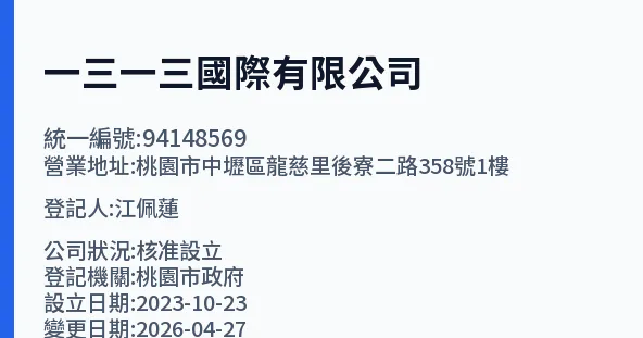 一三一三國際有限公司的照片-統編 94148569(桃園市) 公司登記資料與營業項目詳細圖表