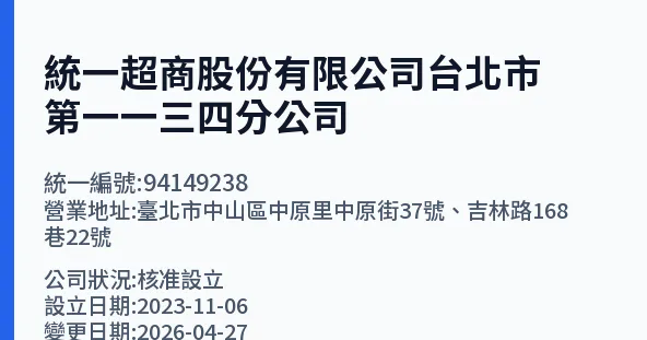 統一超商股份有限公司台北市第一一三四分公司的照片-統編 94149238(臺北市) 公司登記資料與營業項目詳細圖表