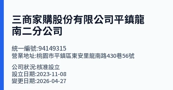 三商家購股份有限公司平鎮龍南二分公司的照片-統編 94149315(桃園市) 公司登記資料與營業項目詳細圖表