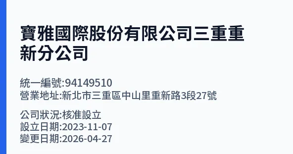寶雅國際股份有限公司三重重新分公司的照片-統編 94149510(新北市) 公司登記資料與營業項目詳細圖表