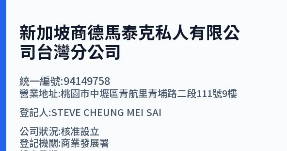 新加坡商德馬泰克私人有限公司台灣分公司的照片-統編 94149758(桃園市) 公司登記資料與營業項目詳細圖表