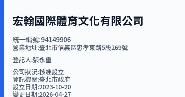 宏翰國際體育文化有限公司的照片-統編 94149906(臺北市) 公司登記資料與營業項目詳細圖表