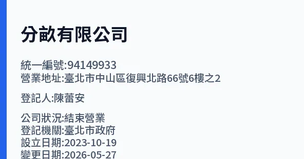 分畝有限公司的照片-統編 94149933(臺北市) 公司登記資料與營業項目詳細圖表