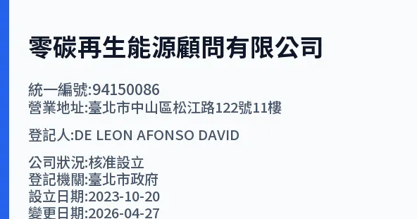 零碳再生能源顧問有限公司的照片-統編 94150086(臺北市) 公司登記資料與營業項目詳細圖表