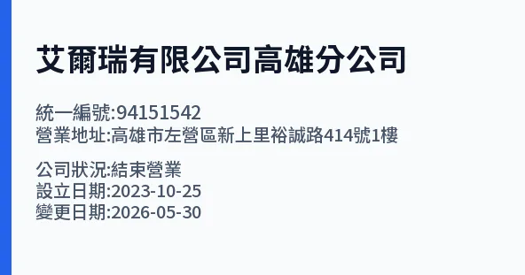 艾爾瑞有限公司高雄分公司的照片-統編 94151542(高雄市) 公司登記資料與營業項目詳細圖表