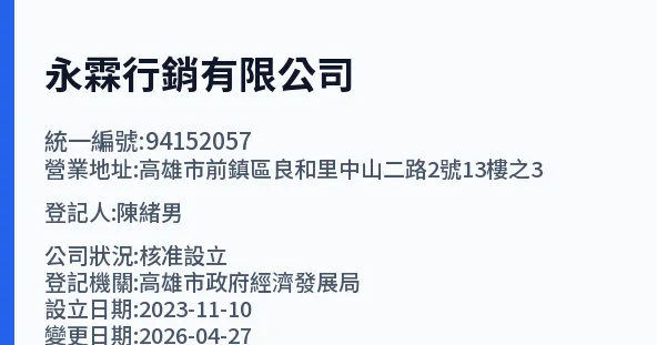 永霖行銷有限公司的照片-統編 94152057(高雄市) 公司登記資料與營業項目詳細圖表