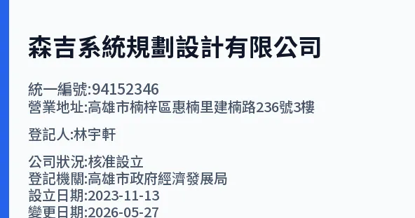 森吉系統規劃設計有限公司的照片-統編 94152346(高雄市) 公司登記資料與營業項目詳細圖表