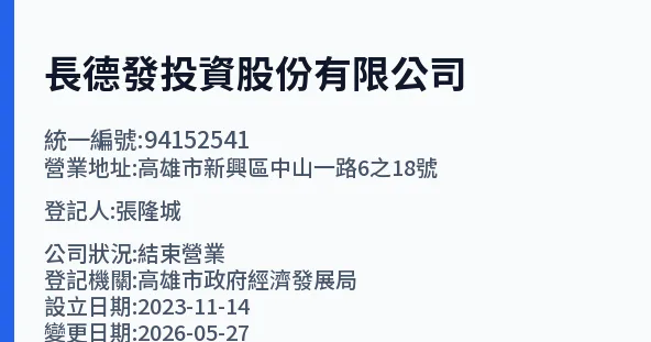 長德發投資股份有限公司的照片-統編 94152541(高雄市) 公司登記資料與營業項目詳細圖表