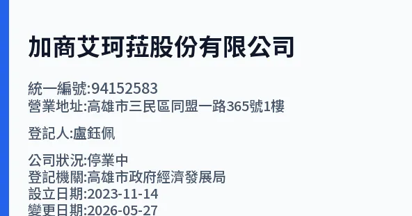 加商艾珂菈股份有限公司的照片-統編 94152583(高雄市) 公司登記資料與營業項目詳細圖表