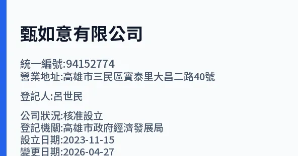 甄如意有限公司的照片-統編 94152774(高雄市) 公司登記資料與營業項目詳細圖表