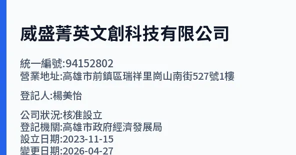 威盛菁英文創科技有限公司的照片-統編 94152802(高雄市) 公司登記資料與營業項目詳細圖表