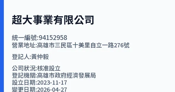 超大事業有限公司的照片-統編 94152958(高雄市) 公司登記資料與營業項目詳細圖表