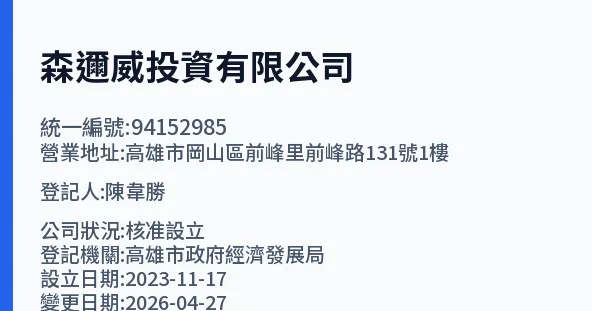 森邇威投資有限公司的照片-統編 94152985(高雄市) 公司登記資料與營業項目詳細圖表
