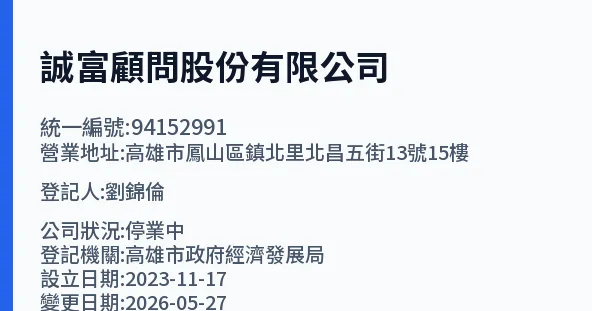 誠富顧問股份有限公司的照片-統編 94152991(高雄市) 公司登記資料與營業項目詳細圖表