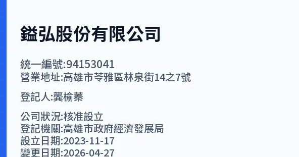 鎰弘股份有限公司的照片-統編 94153041(高雄市) 公司登記資料與營業項目詳細圖表