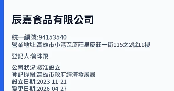 辰嘉食品有限公司的照片-統編 94153540(高雄市) 公司登記資料與營業項目詳細圖表