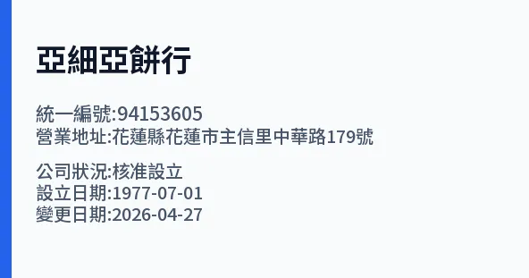 亞細亞餅行的照片-統編 94153605(花蓮縣) 公司登記資料與營業項目詳細圖表