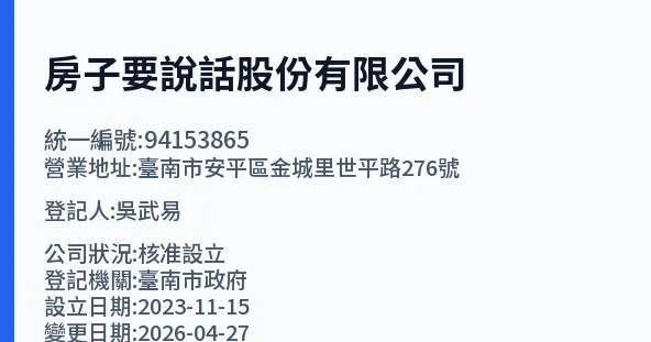 房子要說話股份有限公司的照片-統編 94153865(臺南市) 公司登記資料與營業項目詳細圖表