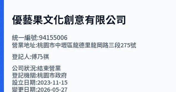 優藝果文化創意有限公司的照片-統編 94155006(桃園市) 公司登記資料與營業項目詳細圖表